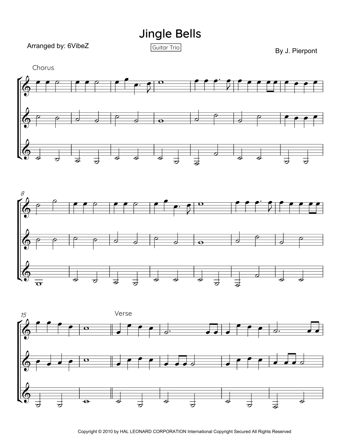 Jingle Bells (arr. 6VibeZ) by J. Pierpont Sheet Music for Guitar ...