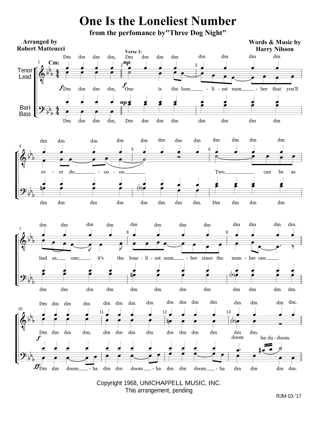 One Is The Loneliest Number Sheet Music James Arthur Iii Schafer