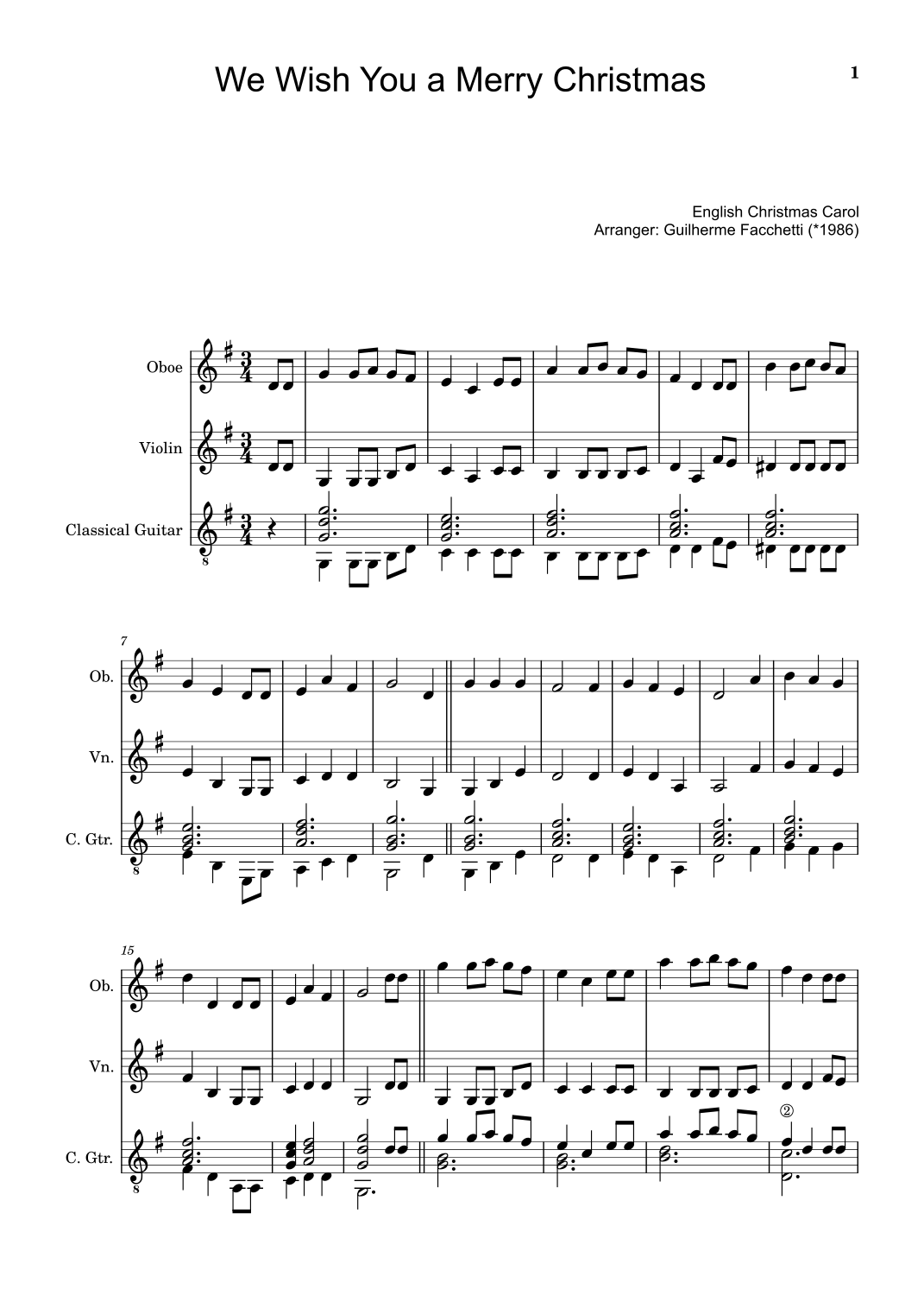 We Wish You a Merry Christmas - For Oboe, Violin and Guitar. With Parts ...