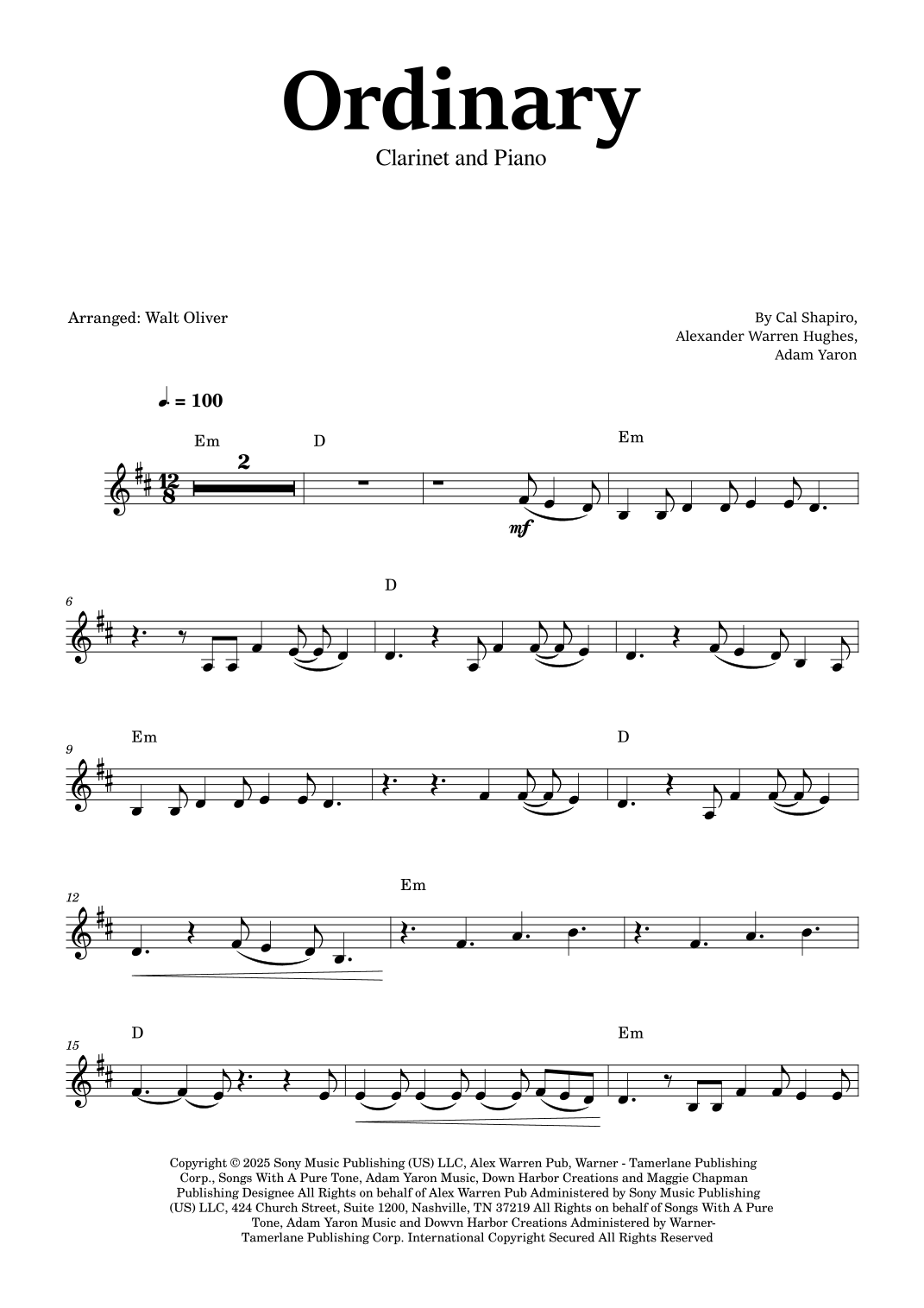 Ordinary (arr. Walt Oliver) by Alex Warren Sheet Music for Clarinet ...