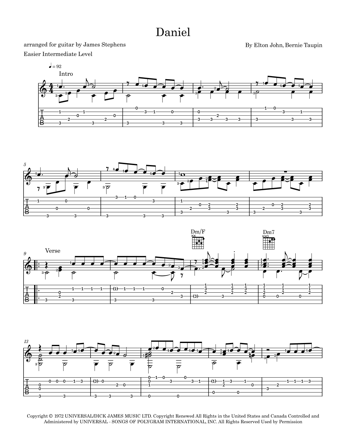Daniel (arr. James Stephens) by Elton John Sheet Music for Guitar Tab ...