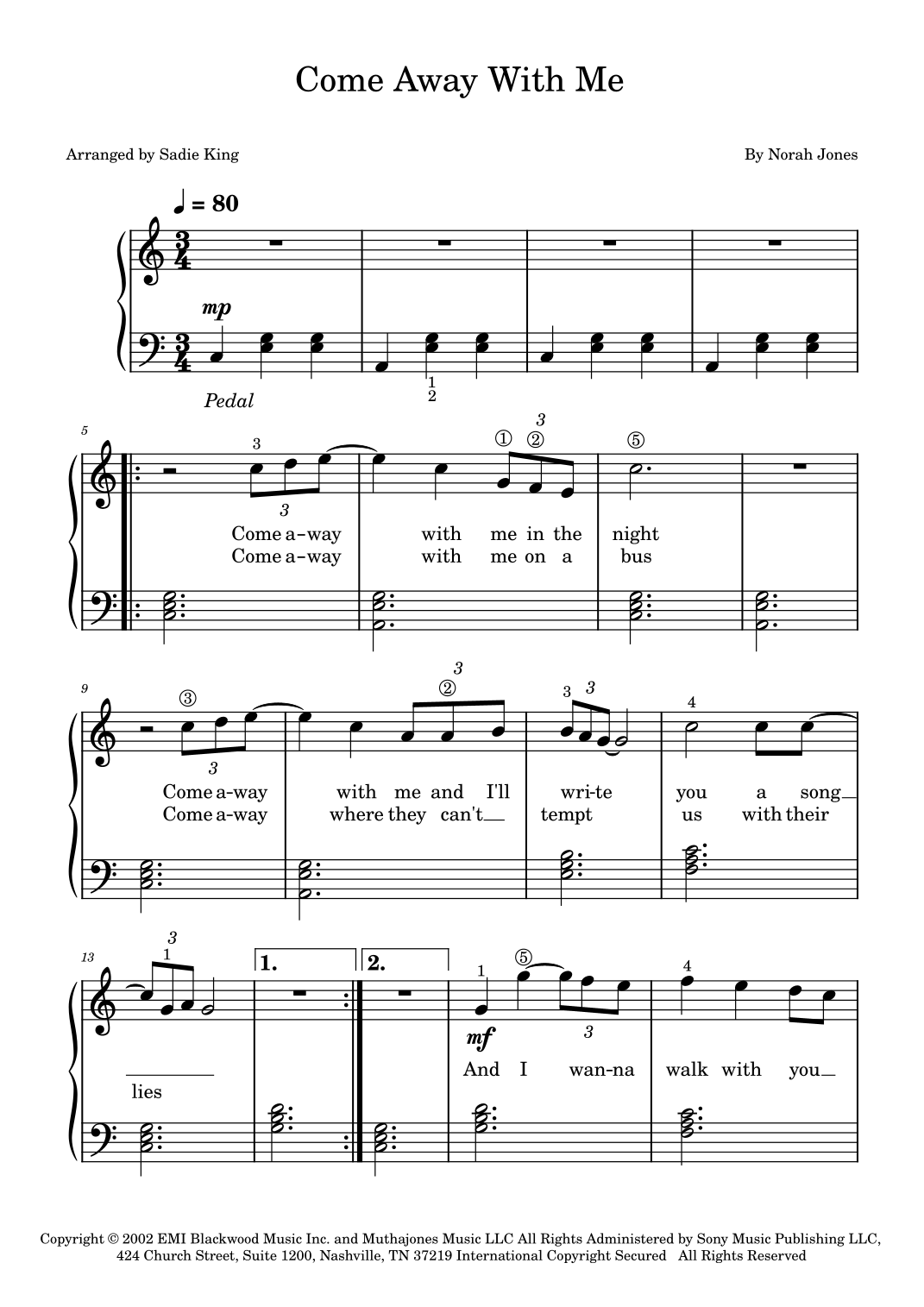 Come Away With Me (arr. Sadie King) von Norah Jones Noten zum Klavier ...