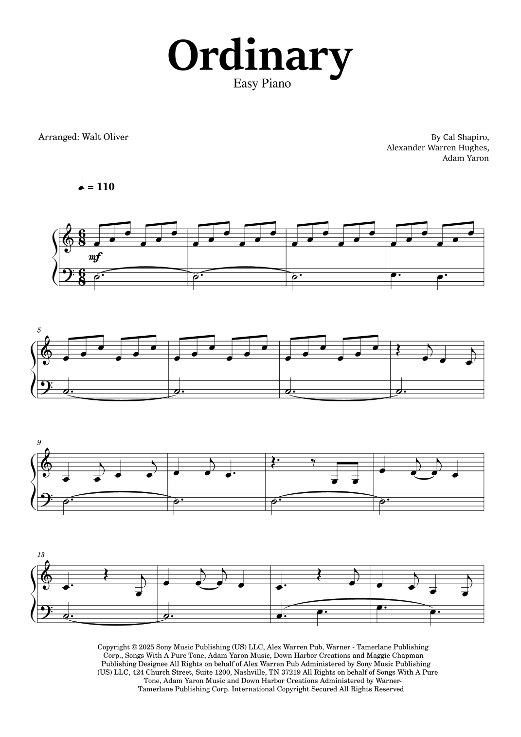 Ordinary (arr. Walt Oliver) by Alex Warren Sheet Music for Easy Piano ...