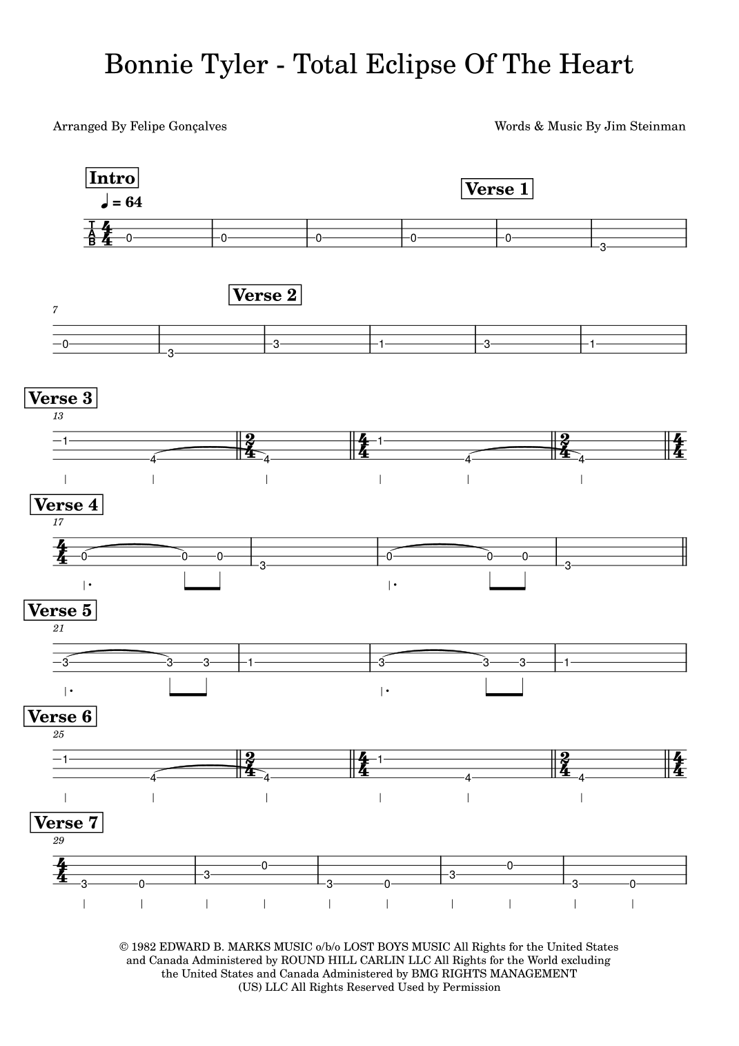 Total Eclipse Of The Heart (arr. Only Bass) by Bonnie Tyler Sheet Music for Bass Guitar Tab at ...