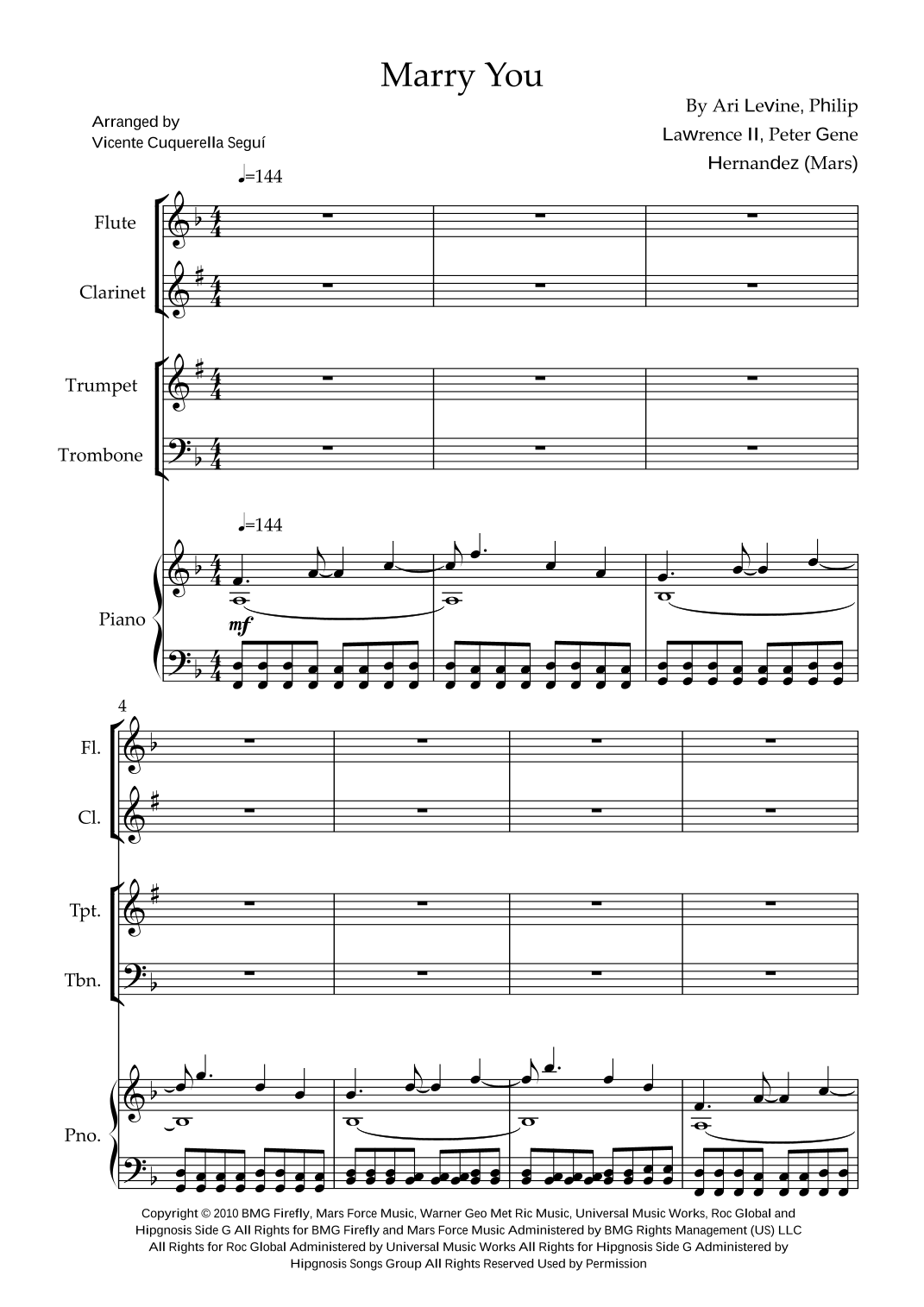 Marry You (arr. Vicente Cuquerella Seguí) by Bruno Mars Sheet Music for ...
