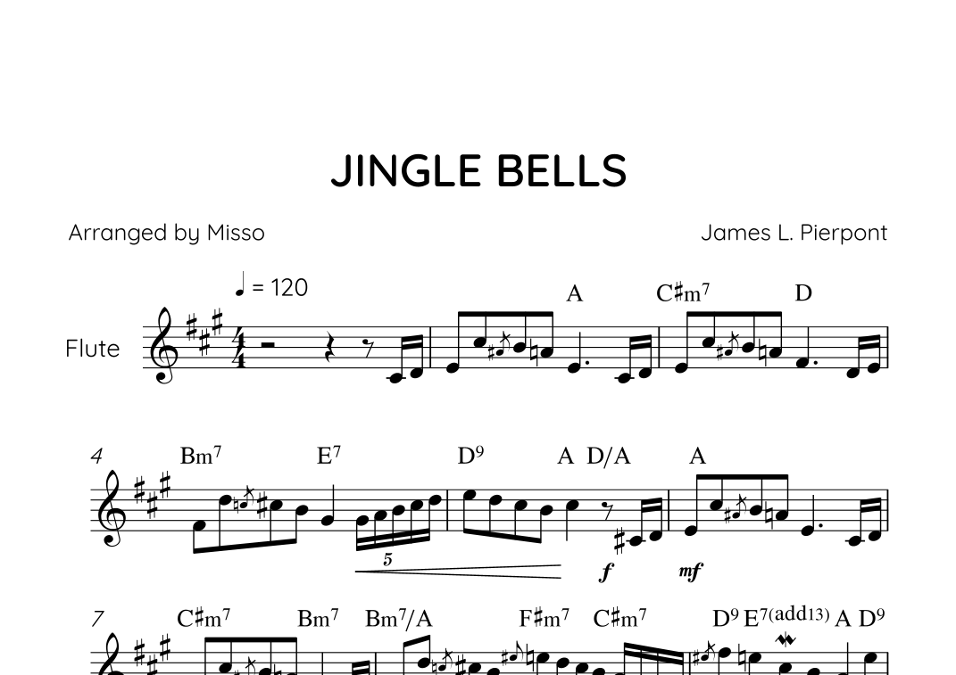 Jingle Bells - Flute in A Major - Advanced With Chords (arr. MissoRB) by James L. Pierpont Sheet ...