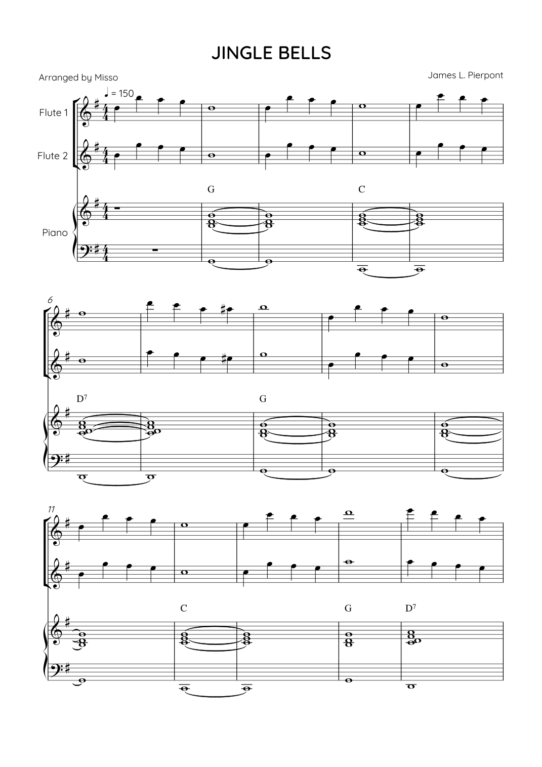 Jingle Bells - Flute Duet & Piano in G Major - Beginner With Chords ...