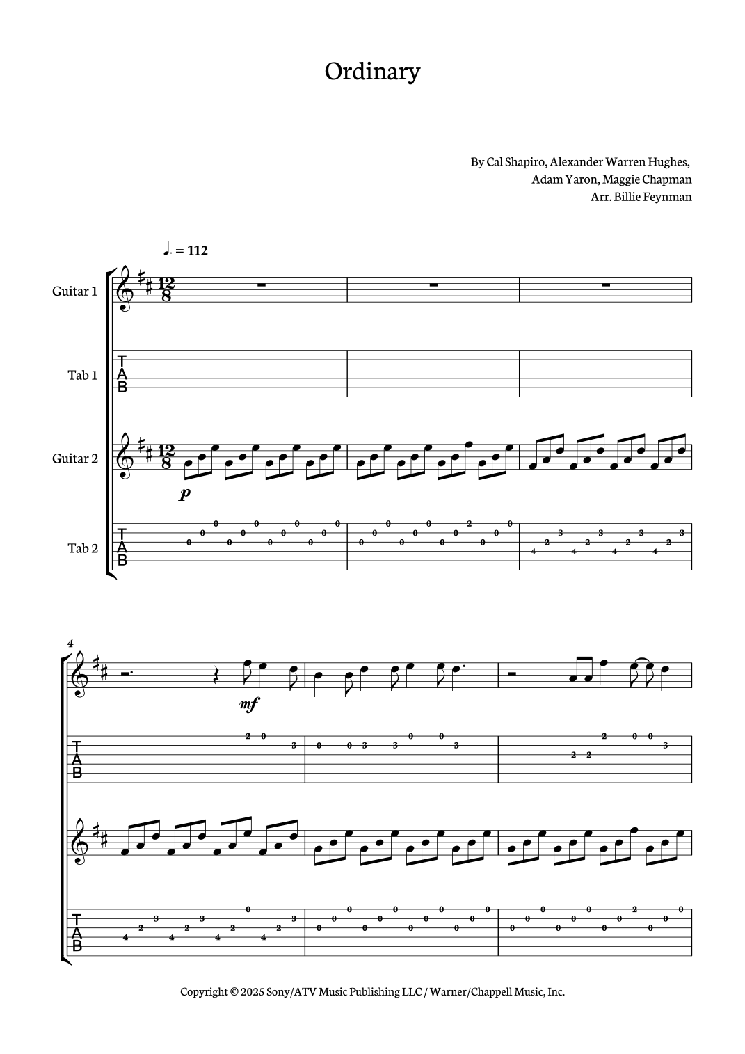 Ordinary (arr. Billie Feynman) by Alex Warren Sheet Music for Guitar ...