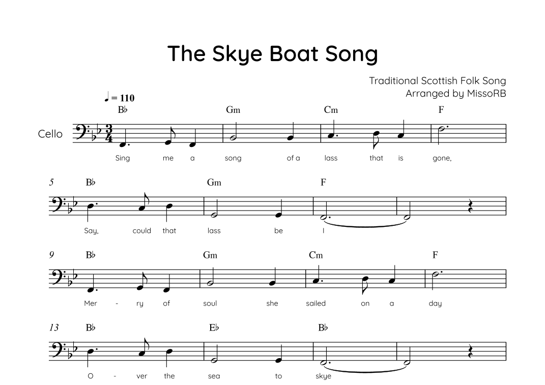 The Skye Boat Song - Cello in Bb With Chords & Lyric Lead Sheet - Easy ...