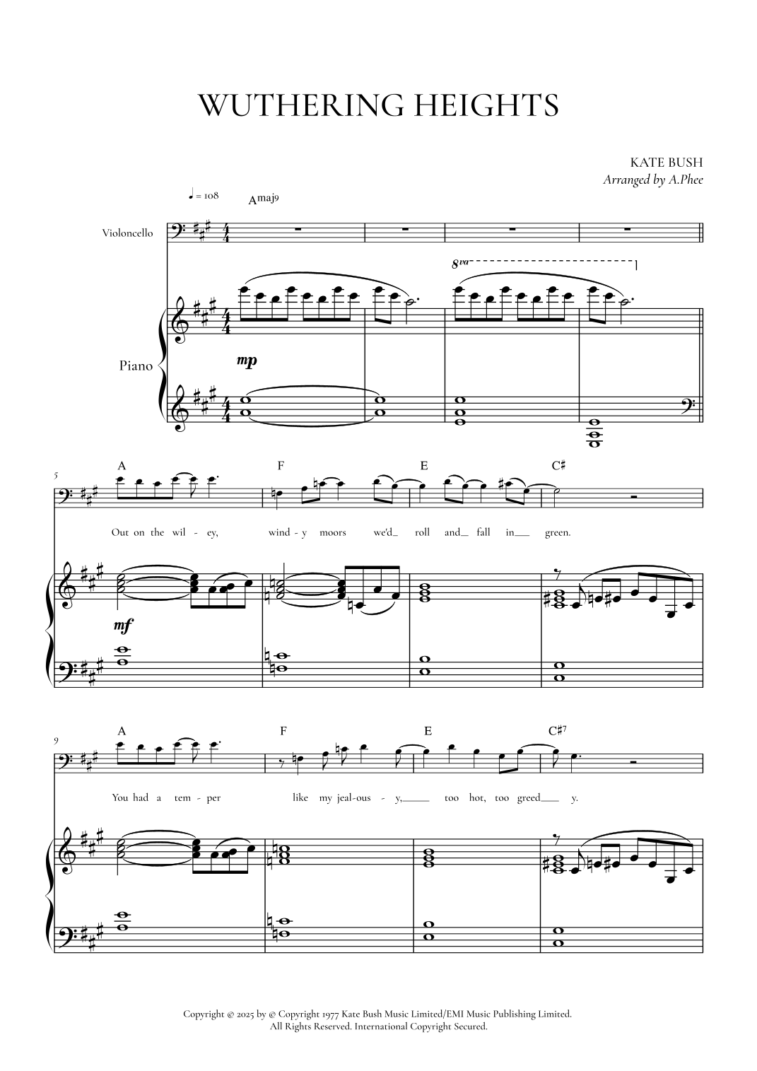 Wuthering Heights (arr. Phee) by Kate Bush Sheet Music for Cello and ...