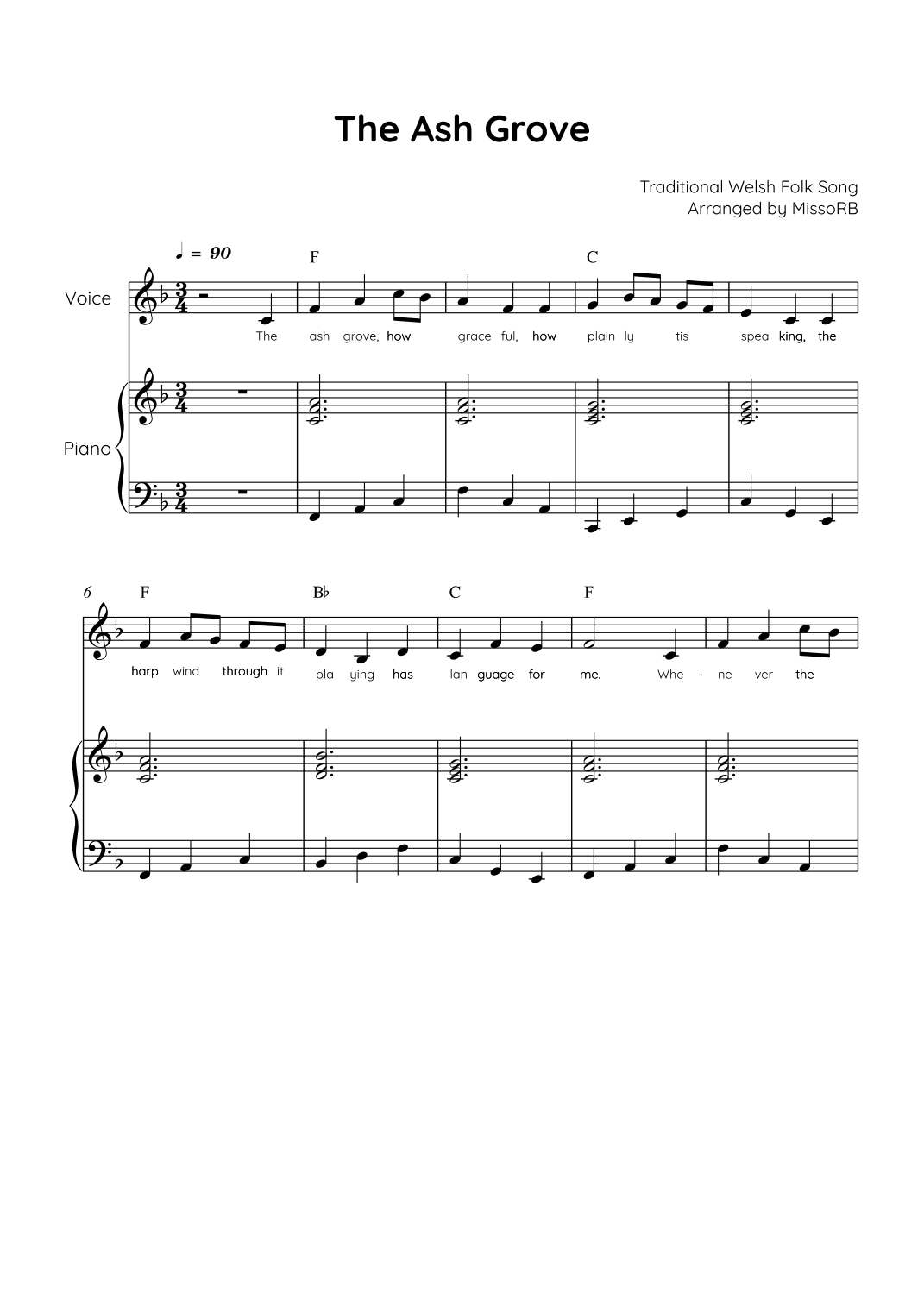 The Ash Grove - Voice & Piano in F With Chords & Lyric - Easy (arr ...