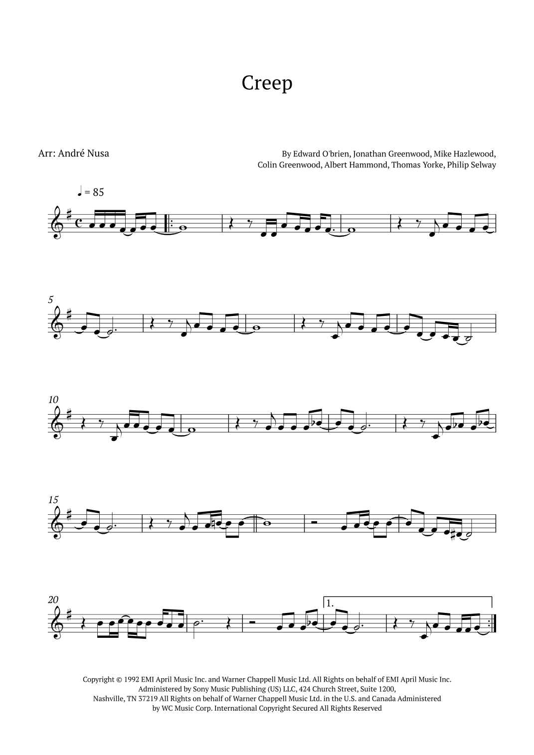 Creep (arr. André Nusa) by Radiohead Sheet Music for Clarinet Solo at ...