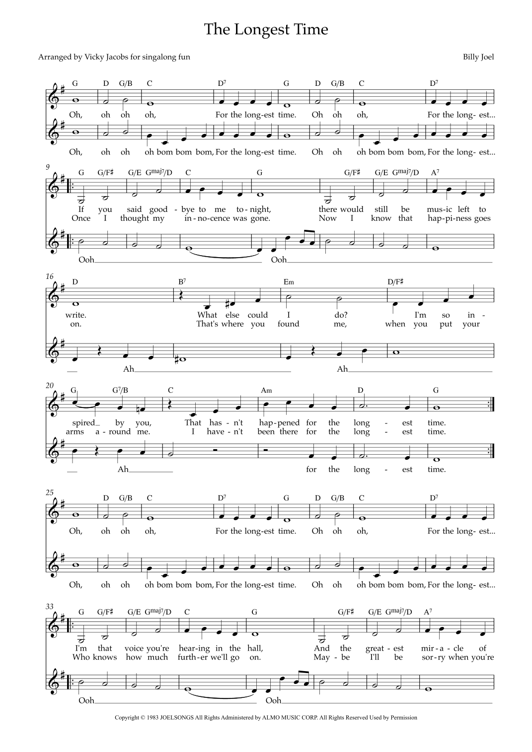 The Longest Time (arr. Vicky Jacobs) by Billy Joel Sheet Music for 2 ...