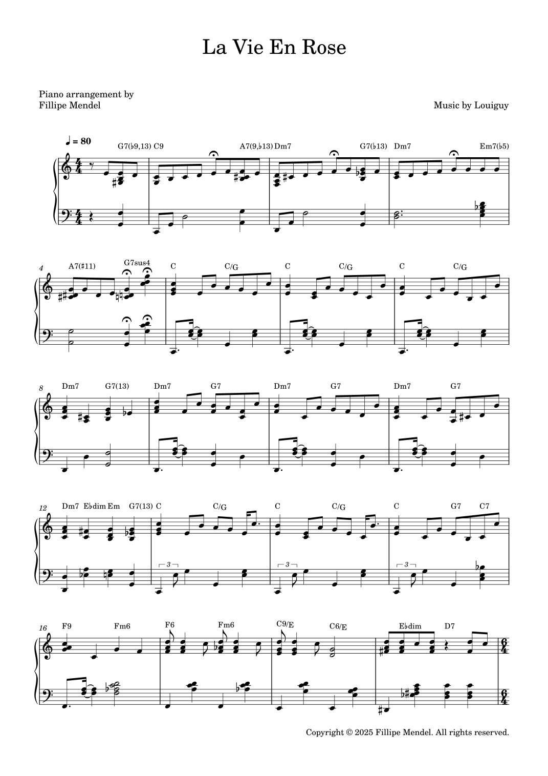 La Vie En Rose (arr. Fillipe Mendel) por Edith Piaf Partituras para Piano solo en Sheet Music Direct