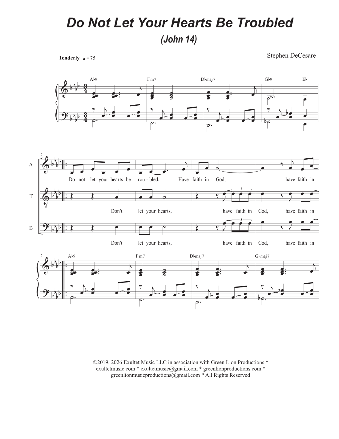 DO NOT LET YOUR HEARTS BE TROUBLED (VOCAL QUARTET - SATB) PAR STEPHEN ...