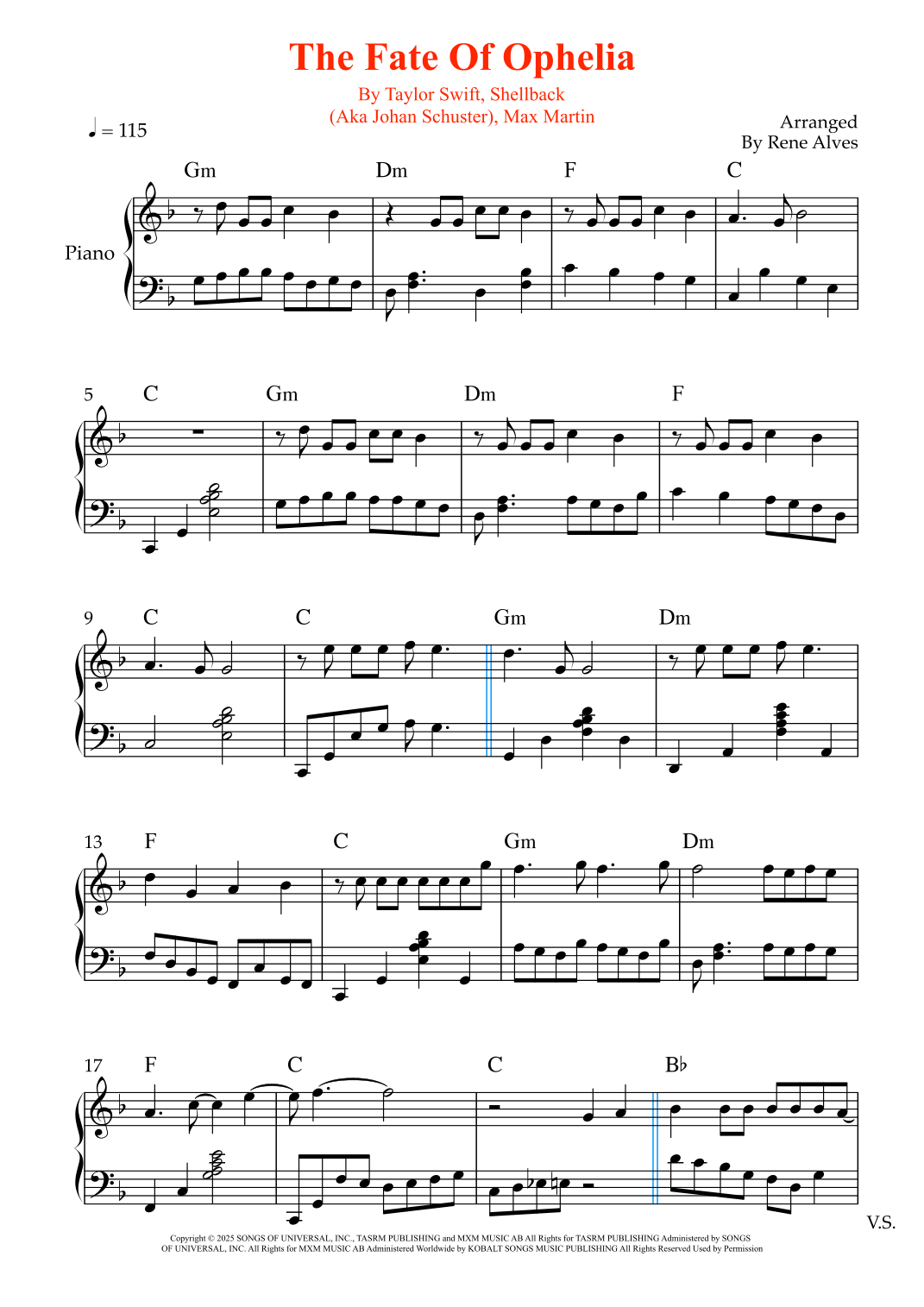 The Fate Of Ophelia (arr. Rene Alves) by Taylor Swift Sheet Music for ...
