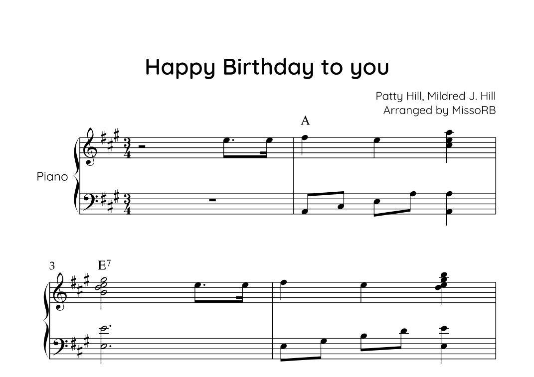 Happy Birthday to you - Piano in A With Chords - Intermediate (arr ...