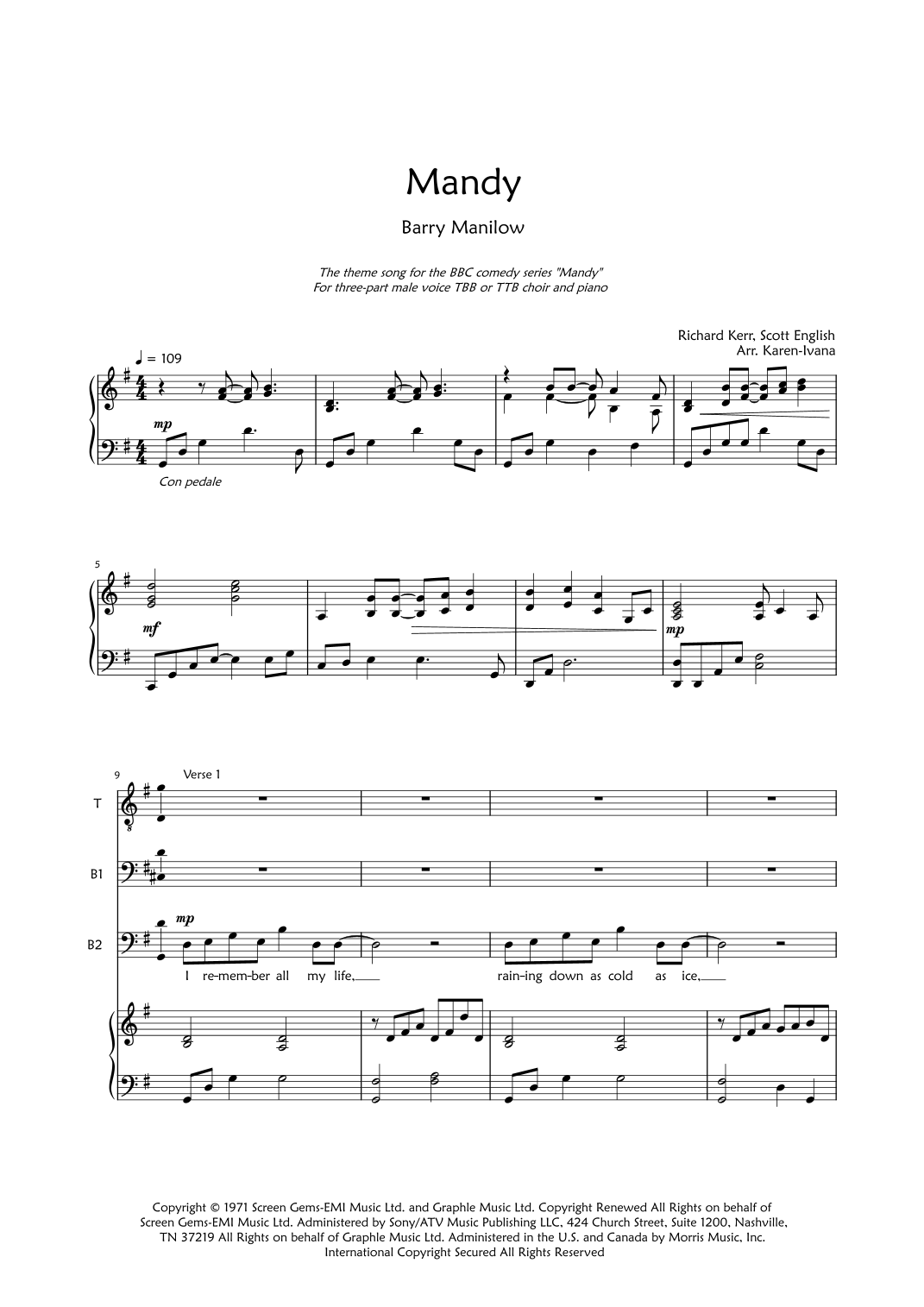 Mandy by Barry Manilow Sheet Music for TBB Choir at Sheet Music Direct