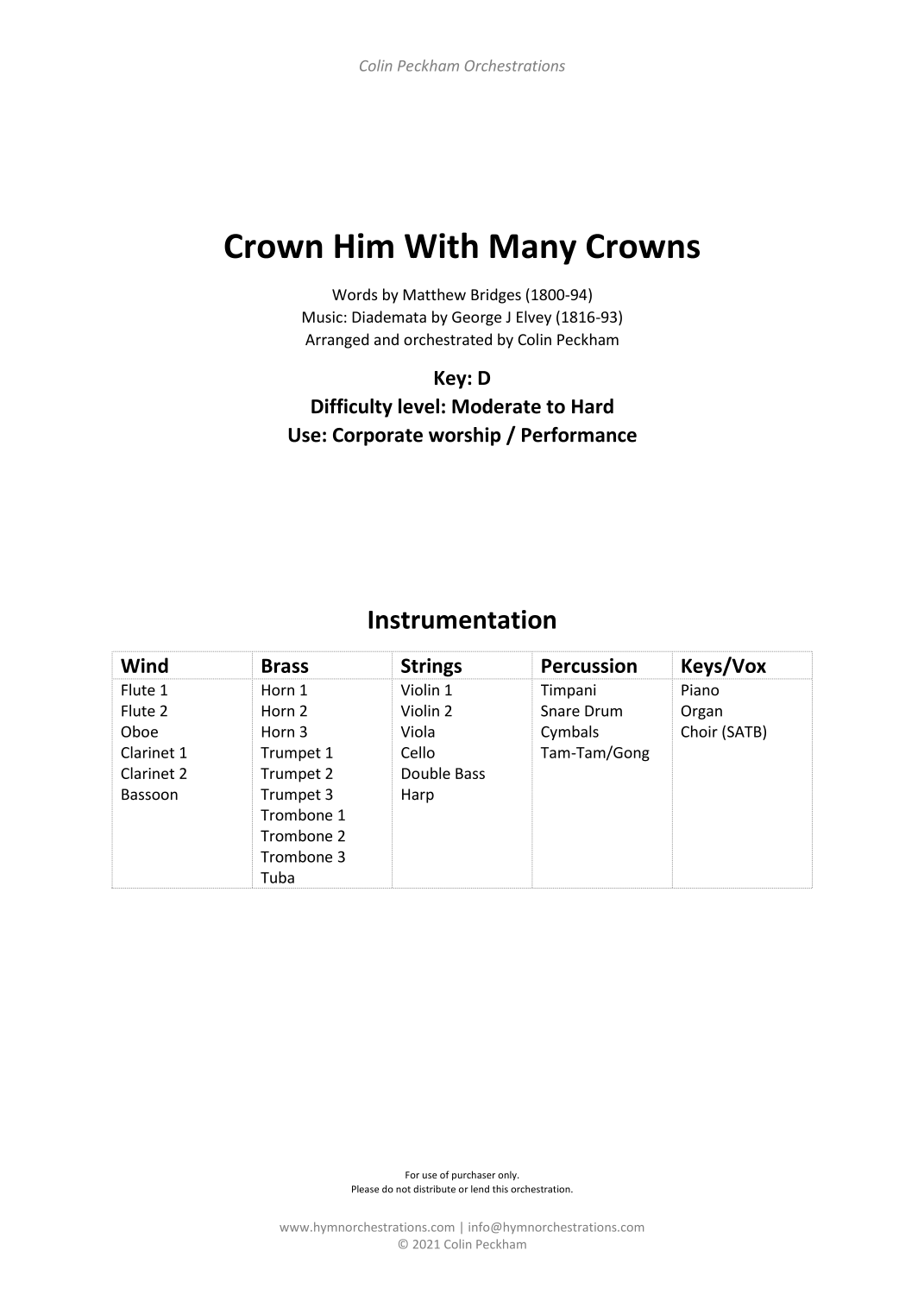Crown Him With Many Crowns (Diademata) (arr. Colin Peckham) by Matthew ...