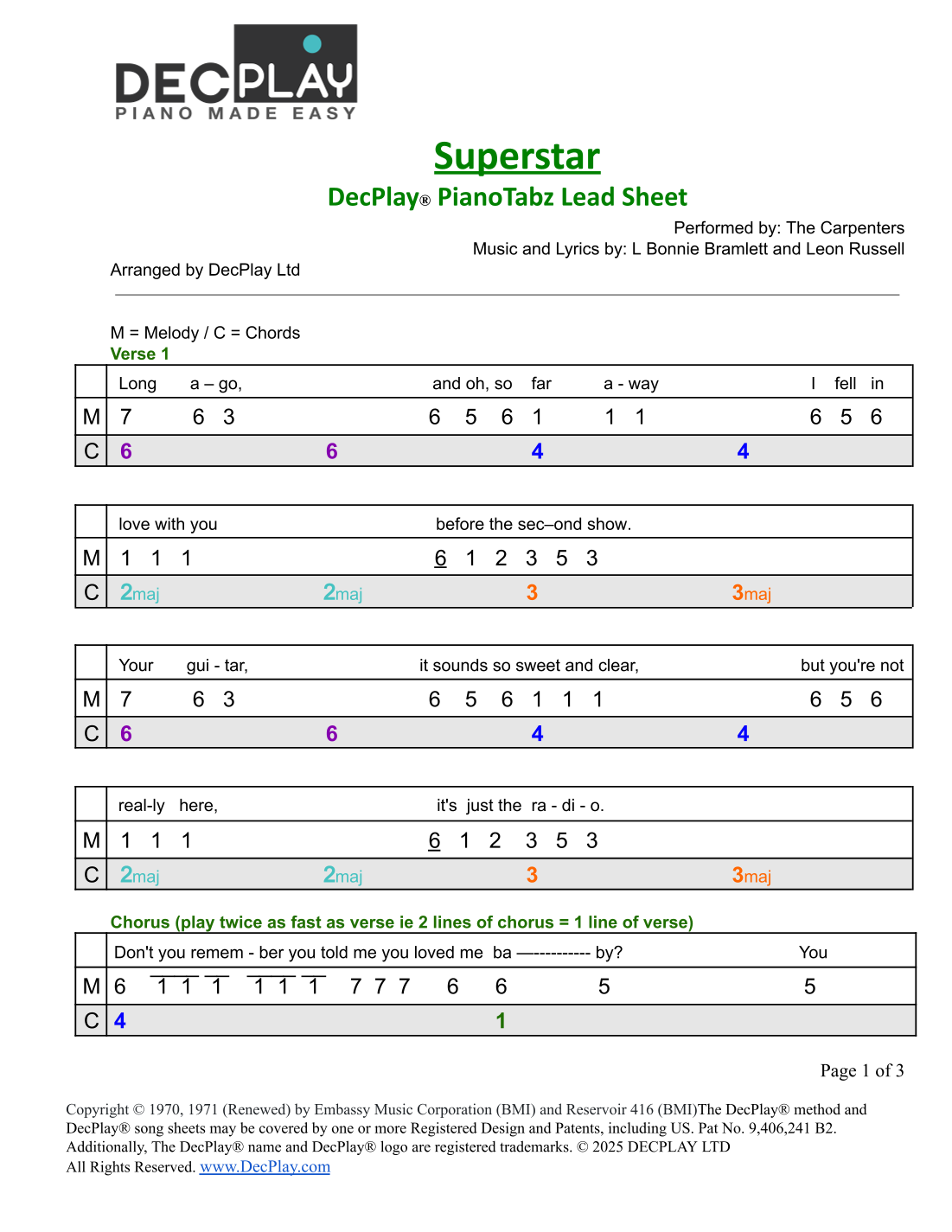 Superstar (arr. DecPlay Ltd) by The Carpenters Sheet Music for DecPlay ...