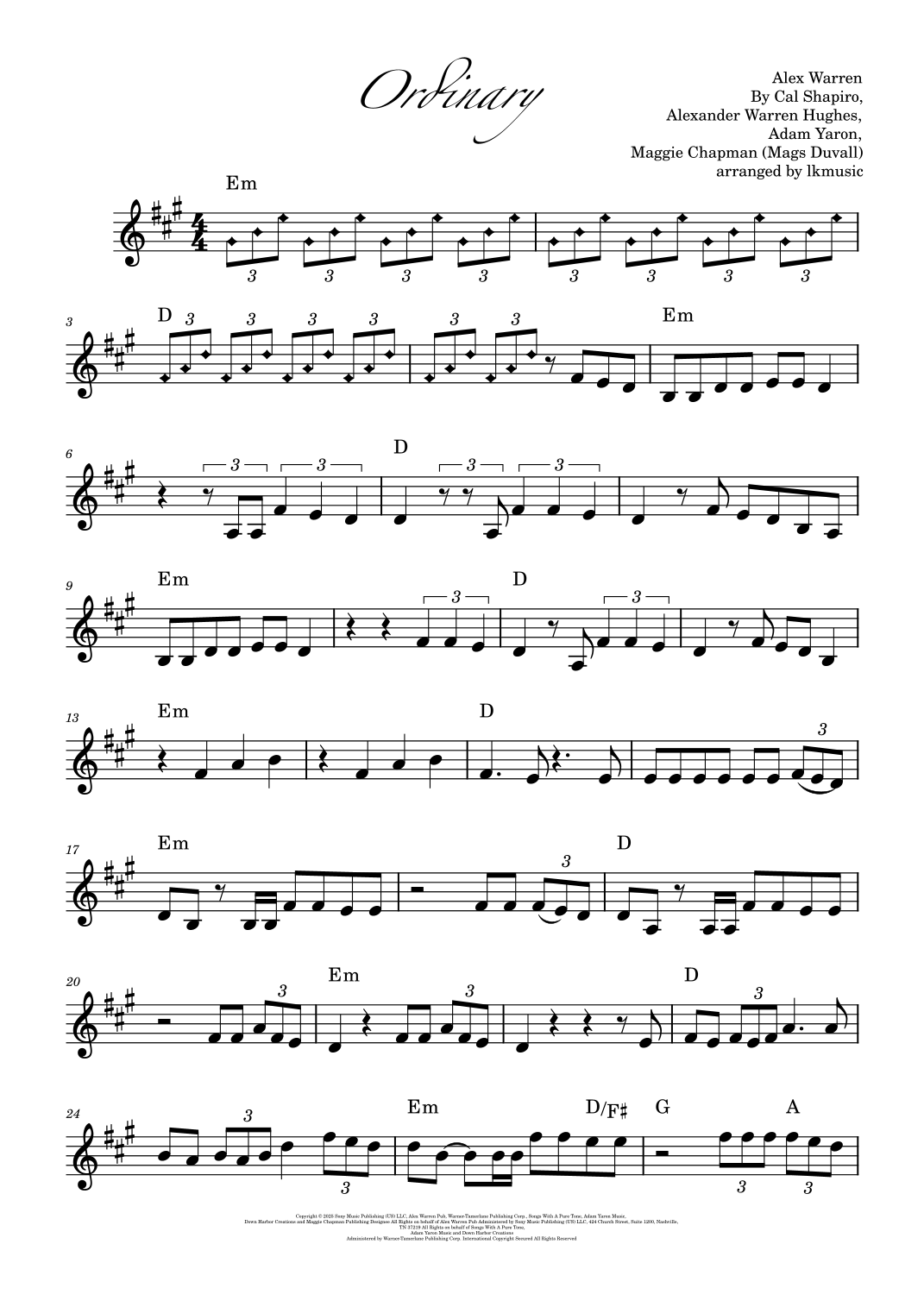 Ordinary (arr. Lkmusic) von Alex Warren Noten zum Violine solo bei ...