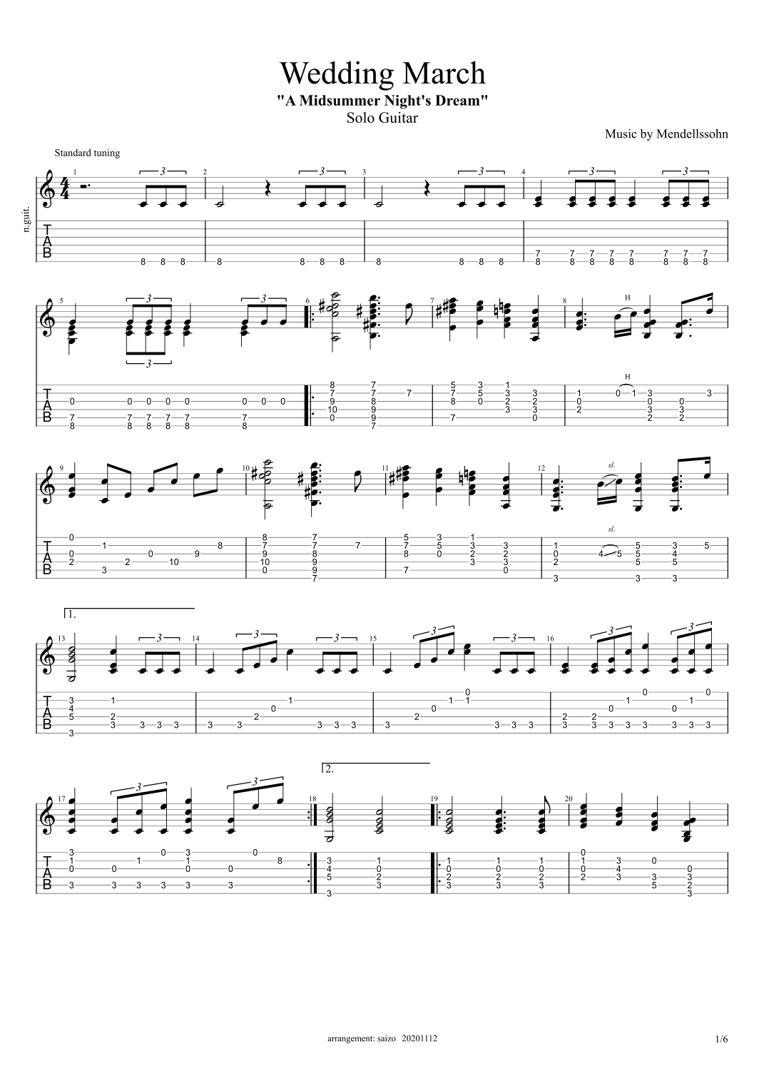 Wedding March (arr. saizo) by MENDELSSOHN Sheet Music for Solo Guitar at Sheet Music Direct