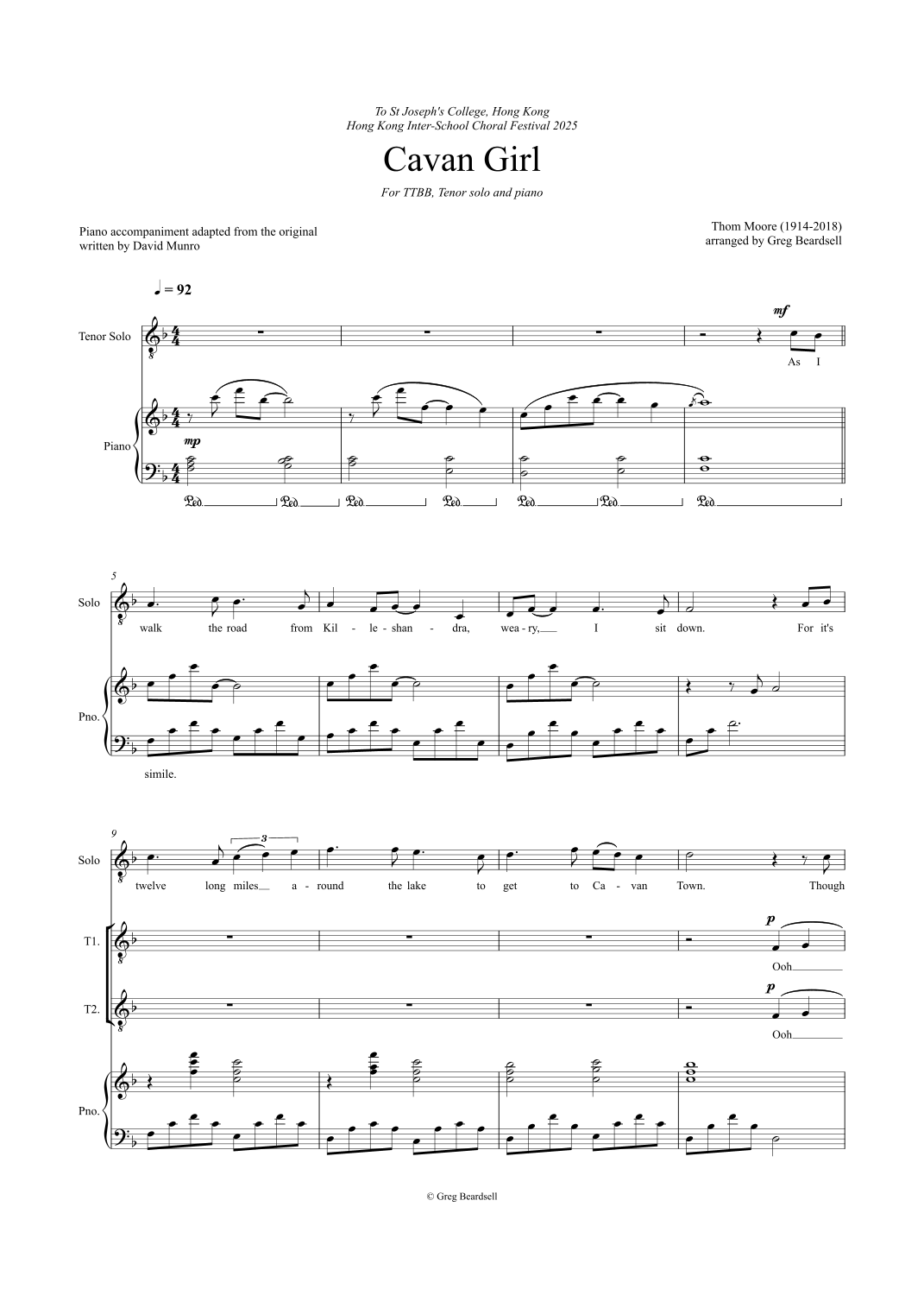 Cavan Girl (arr. Greg Beardsell) by Thomas Moore Sheet Music for TTBB ...