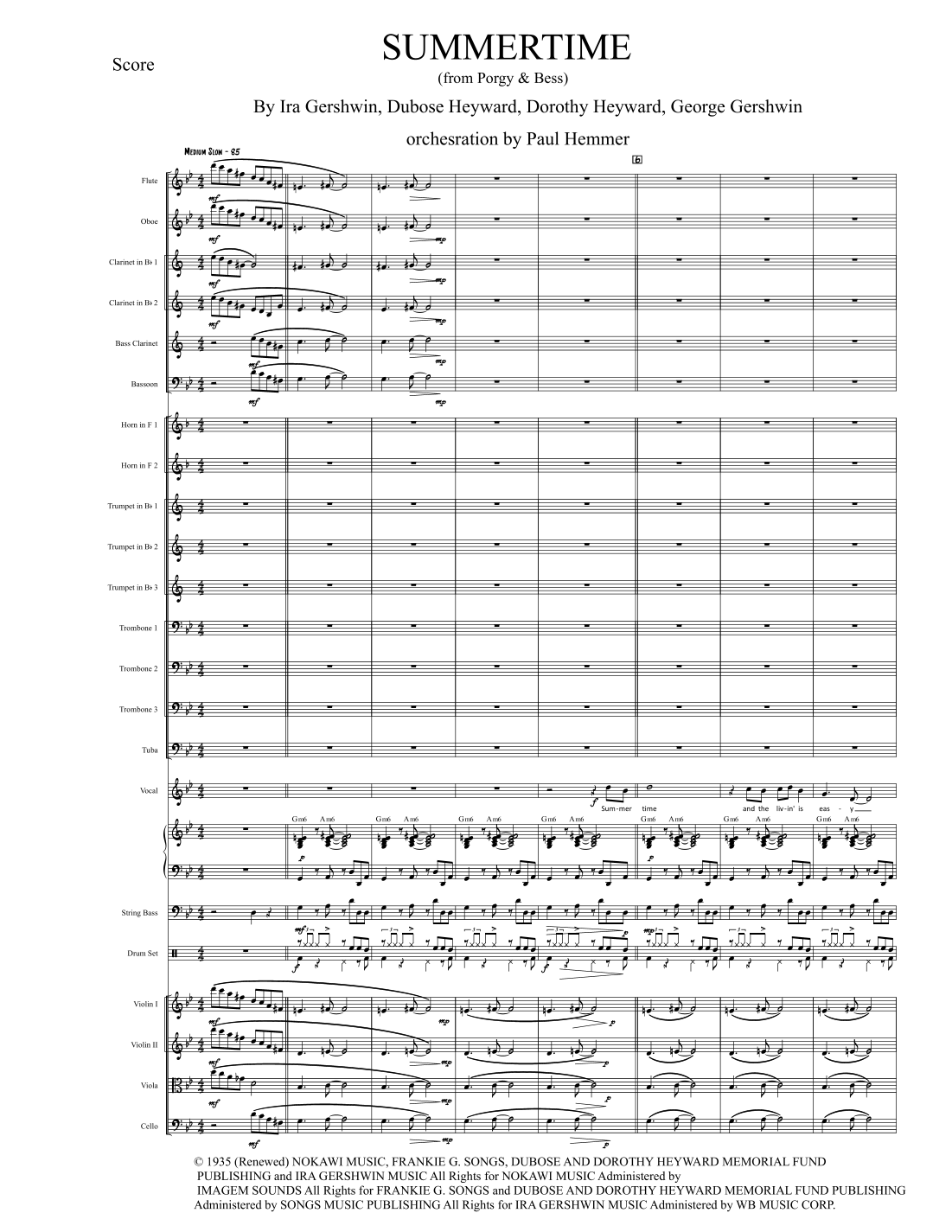Summertime (arr. Paul Hemmer) by Ira Gershwin Sheet Music for Full ...