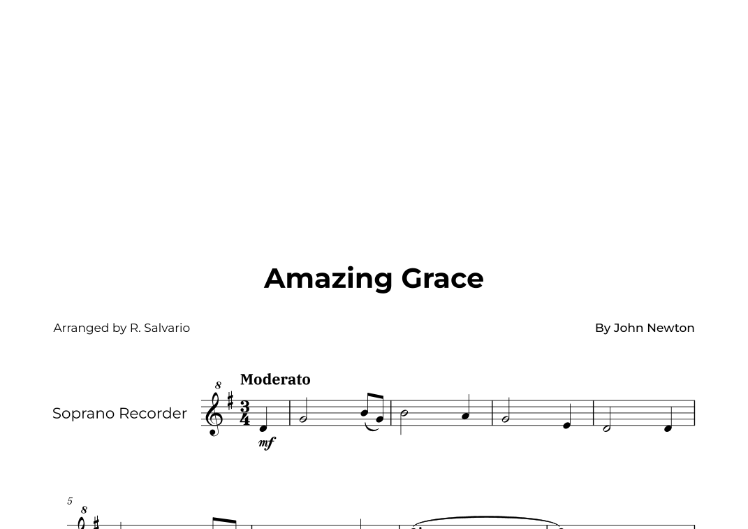 Amazing Grace - Soprano Recorder (arr. R. Salvario) by John Newton ...
