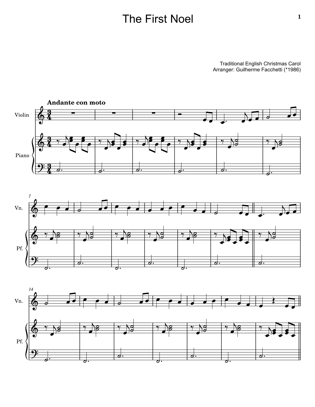 The First Noel - Arranged for Violin and Piano. (arr. Guilherme ...