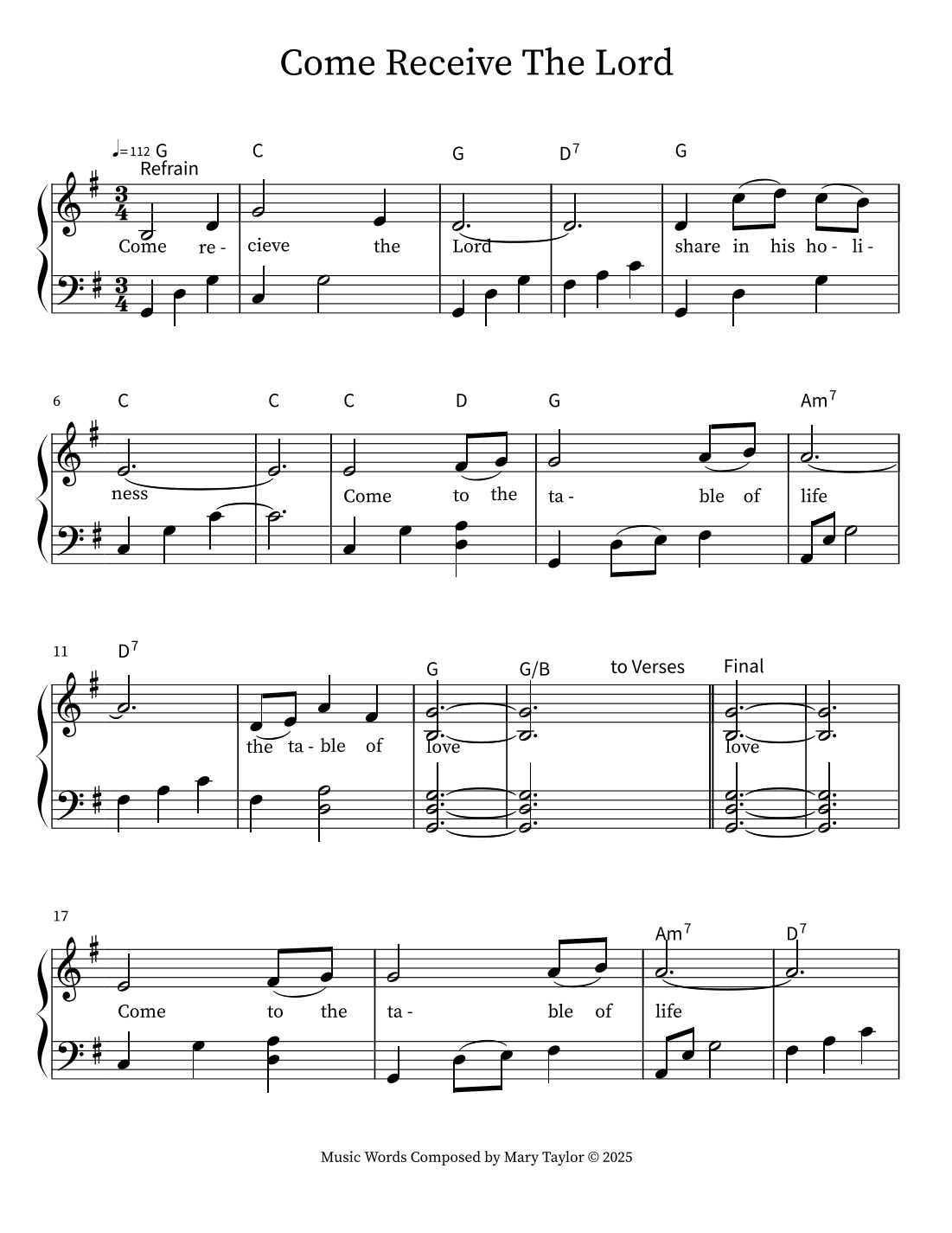 Come Receive The Lord by Mary Taylor Sheet Music for Easy Piano at ...