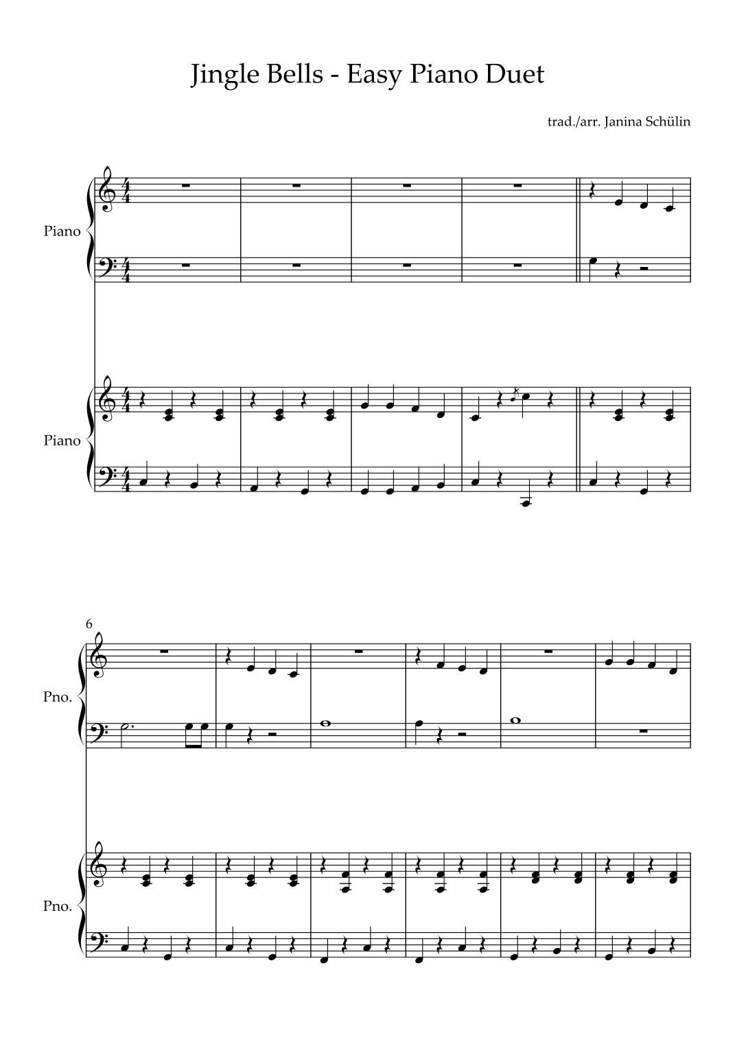 Jingle Bells - Easy Piano Duet (arr. Janina Schülin) von Traditional ...