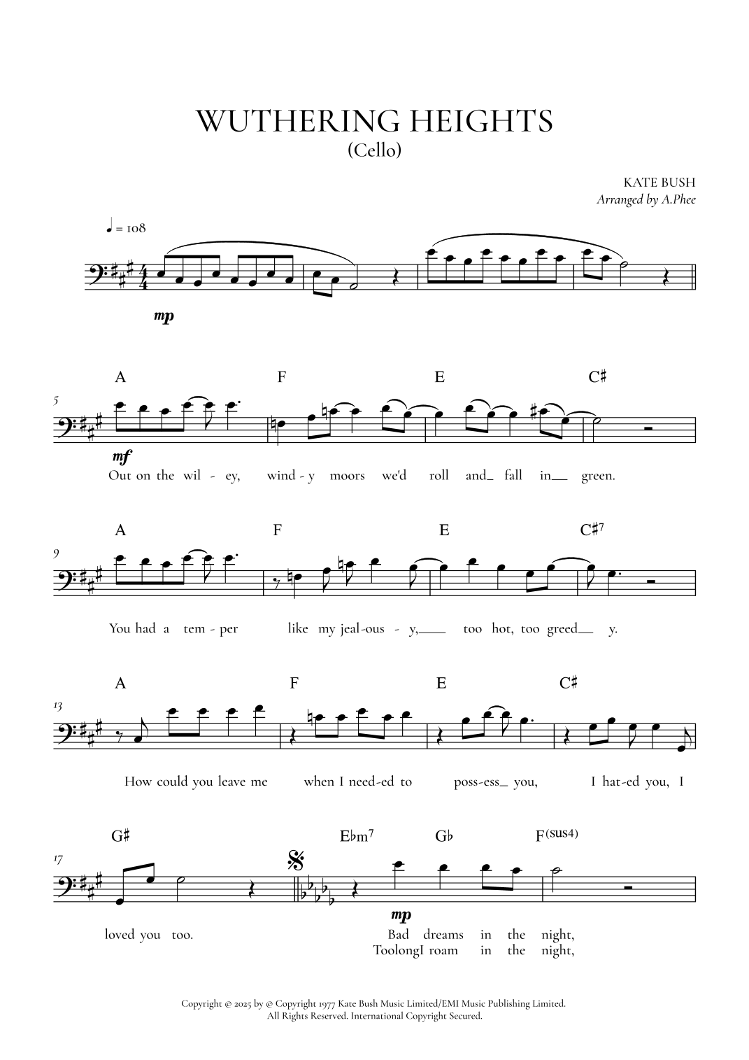 Wuthering Heights (arr. Phee) by Kate Bush Sheet Music for Cello Solo ...