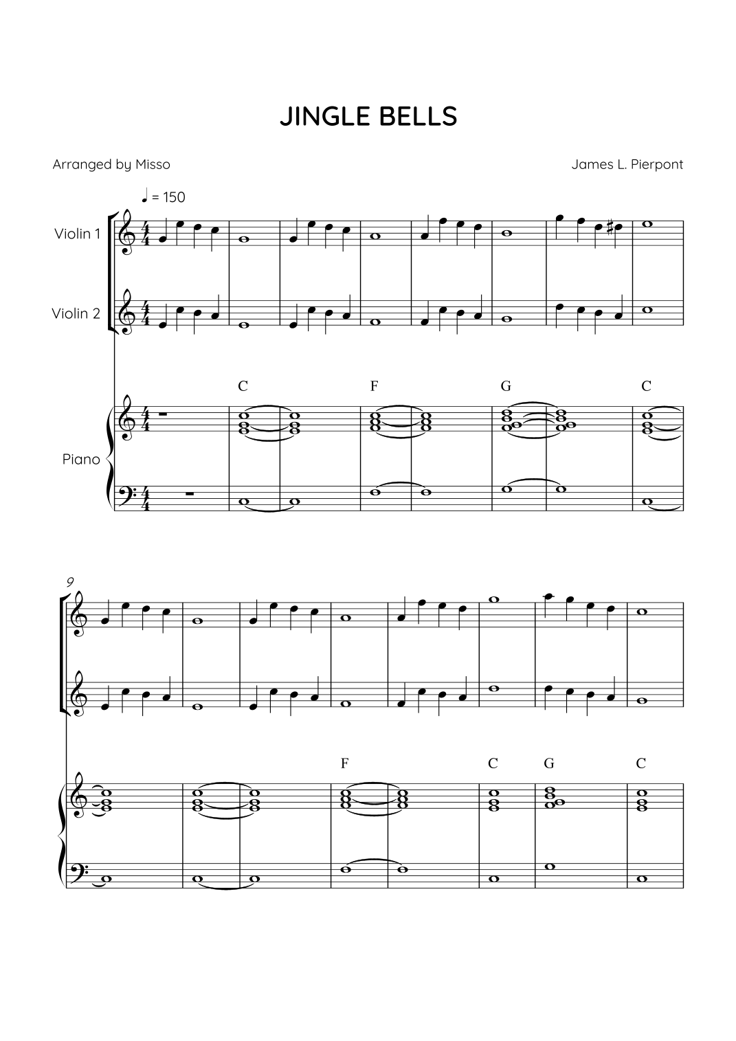 Jingle Bells - Violin Duet & Piano in C Major (Beginner With Chords ...