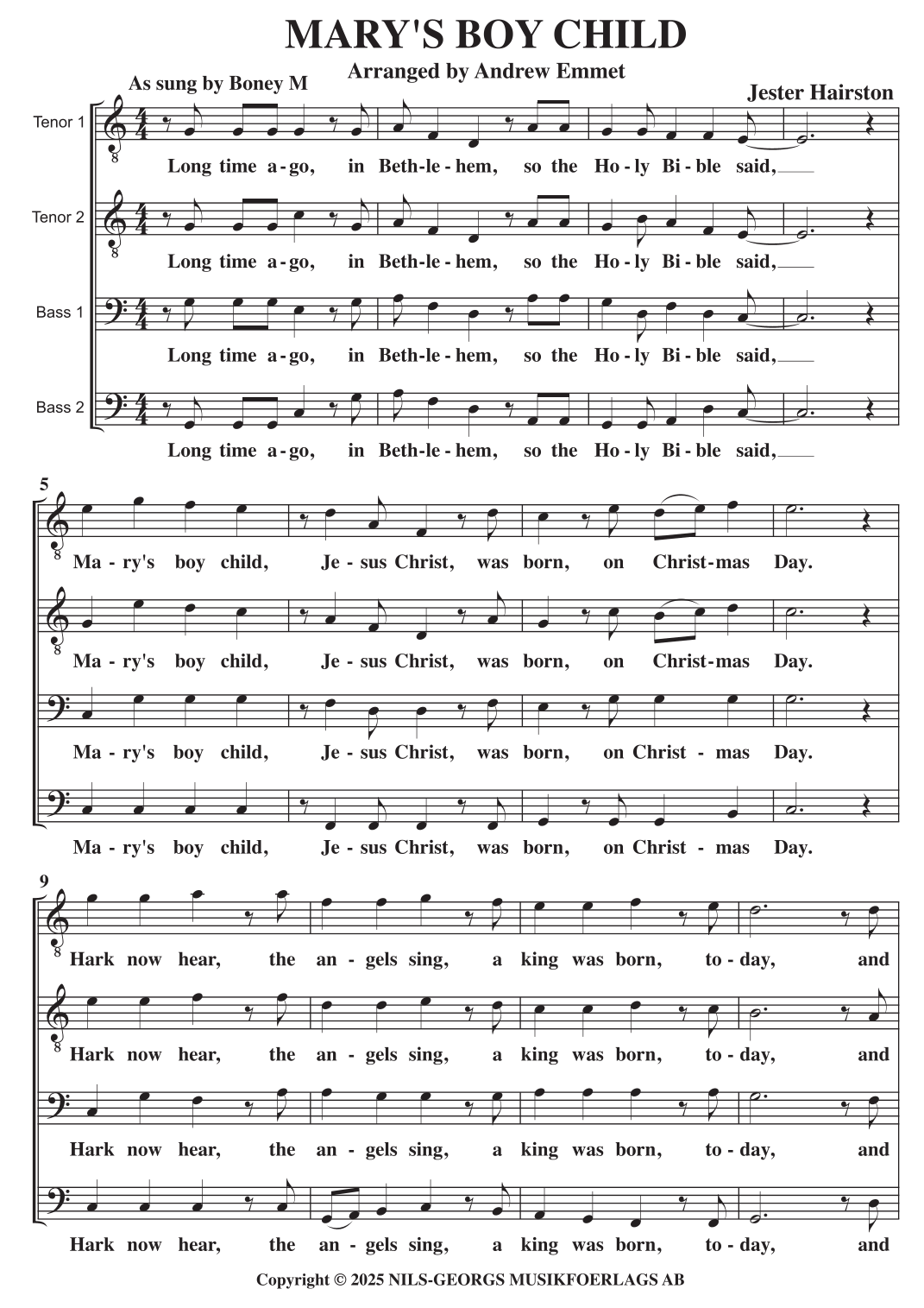 Mary's Boy Child (arr. Andrew Emmet) von Jester Hairston Noten zum Chor ...