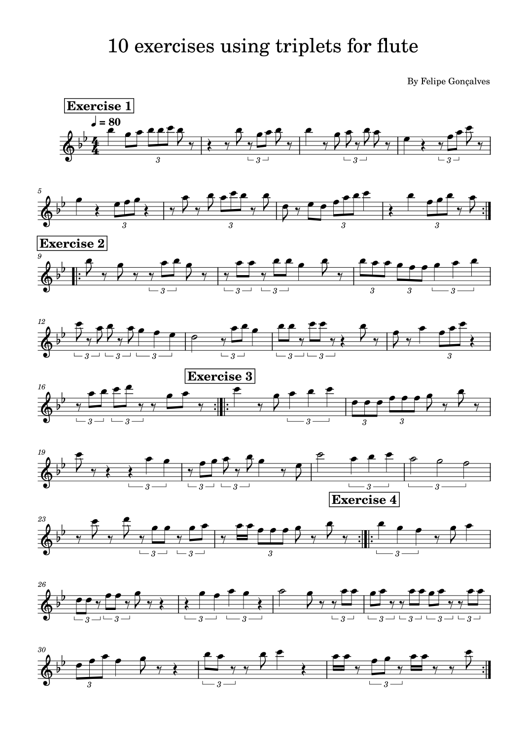 10 exercises using triplets for flute in the key of A# major / G minor ...