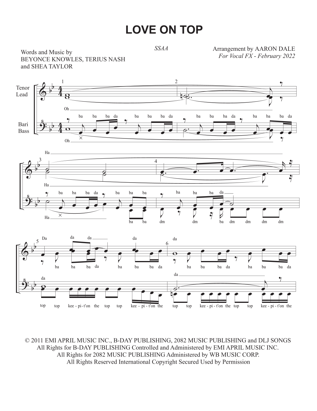 Love On Top (arr. Aaron Keith Dale) by Beyonce Sheet Music for SSAA ...
