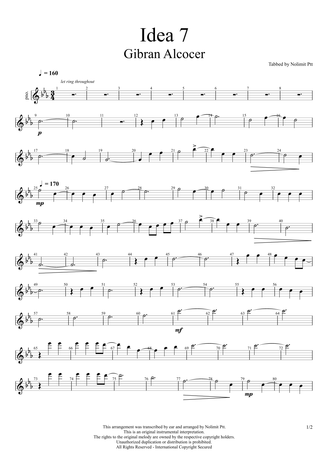 Idea 7 (arr. Righty) by Gïbran Alcocer Sheet Music for Easy Piano at ...