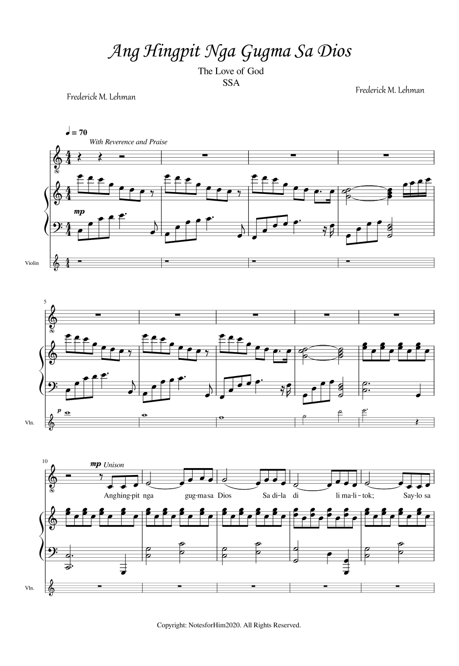 Ang Hingpit nga Gugma sa Dios (arr. Unknown) Sheet Music | M. Lehman | SSA Choir