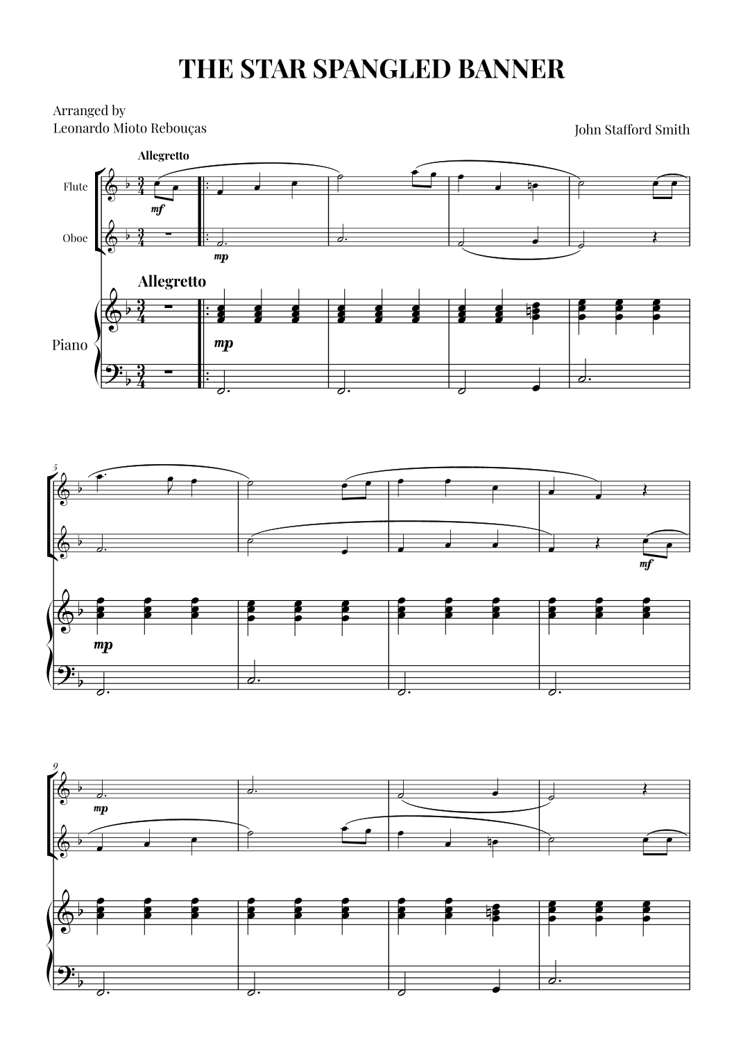 The Star Spangled Banner Flute Oboe And Piano By John Stafford Smith