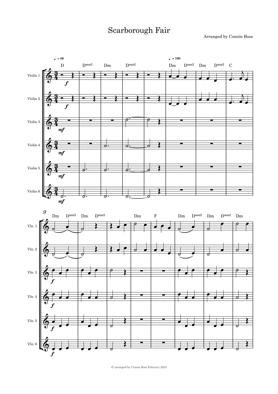 Scarborough Fair Violin Ensemble up to 6 parts (arr. Connie Boss) by ...