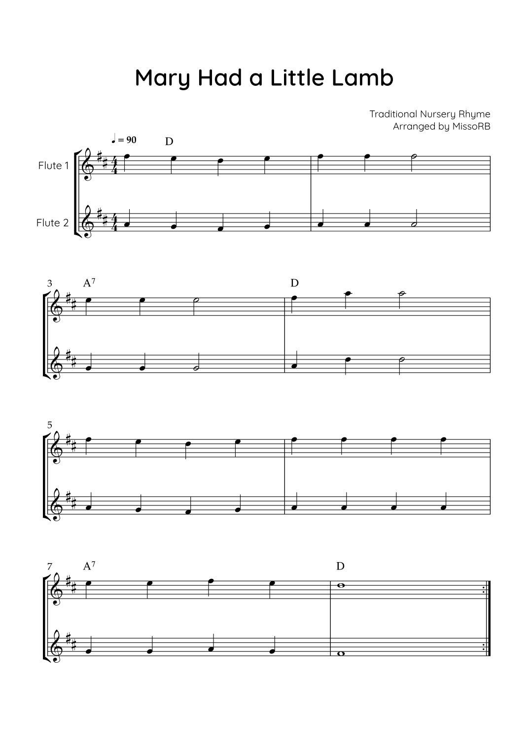 Mary Had a Little Lamb - Flute Duet in D With Chords - Easy (arr ...