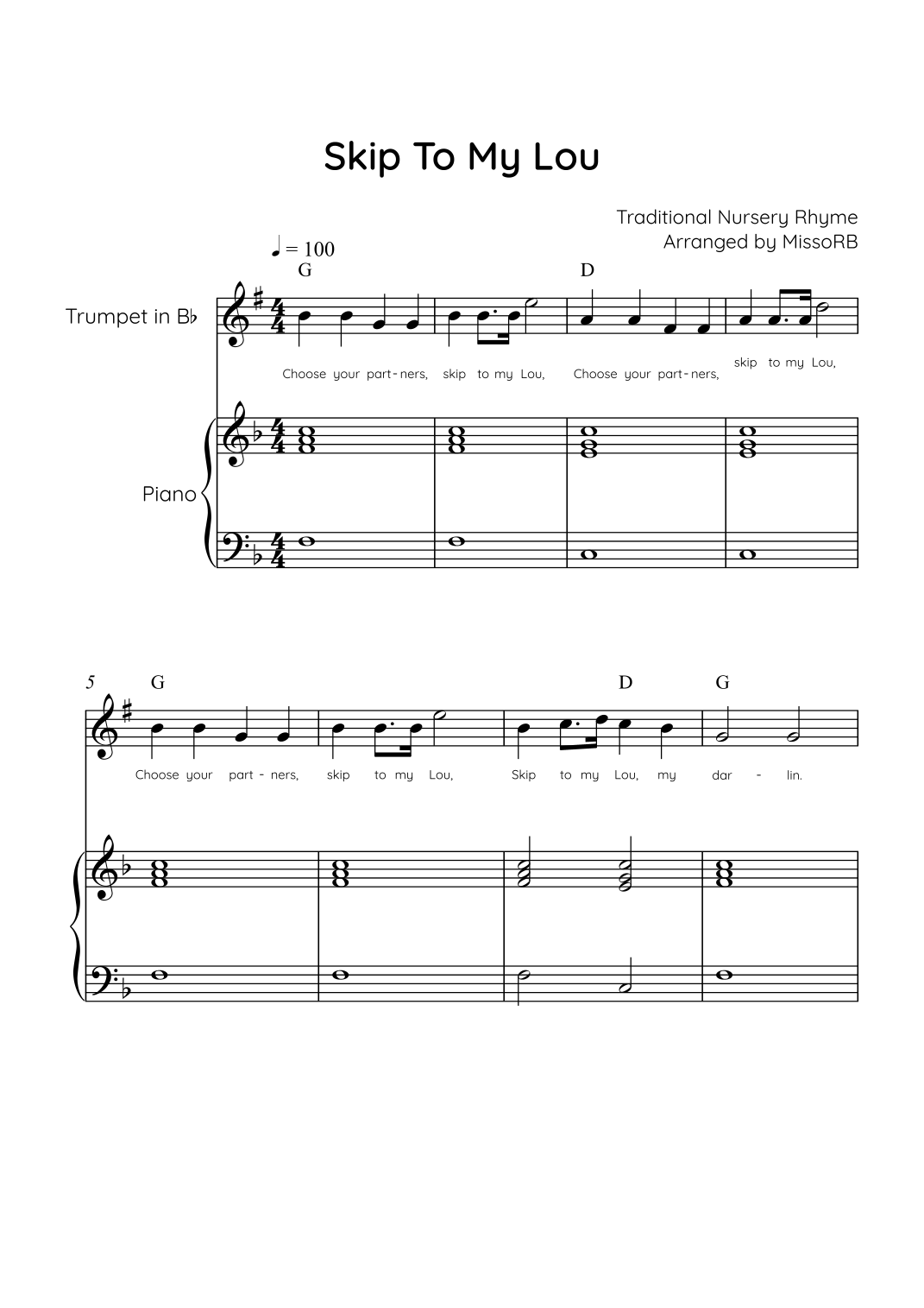 Skip To My Lou - Trumpet & Piano in F With Chords & Lyric - Easy (arr ...