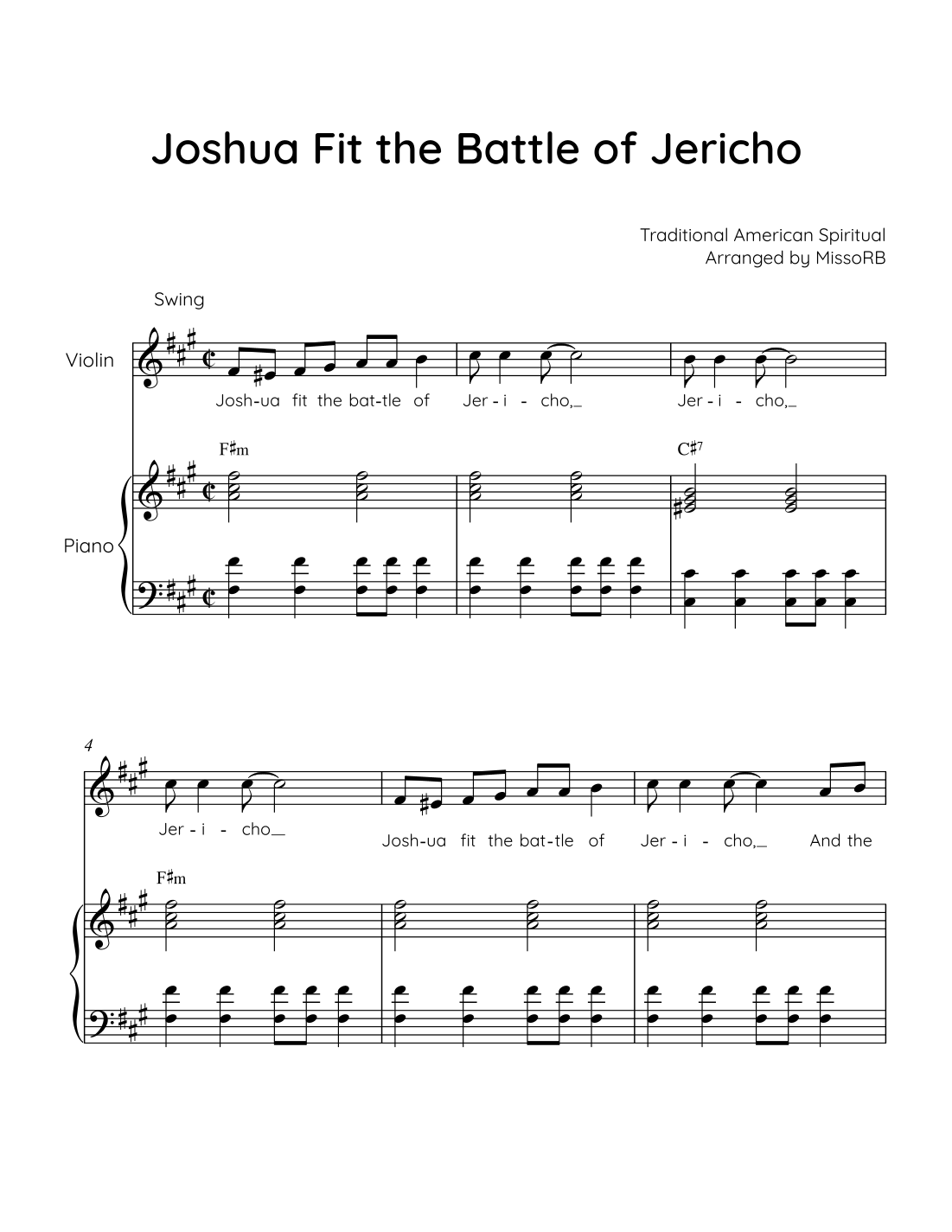 Joshua Fit the Battle of Jericho - Violin & Piano in F#m With Chords ...