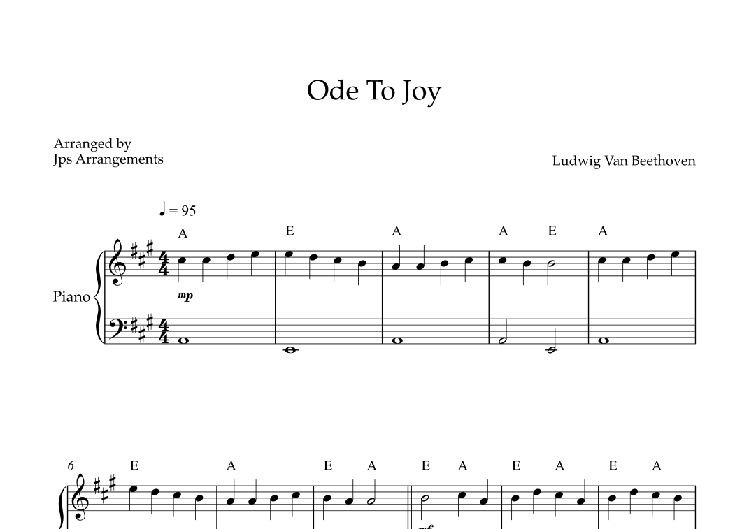 Ode to joy - beginner piano in A by Ludwig Van Beethoven Sheet Music ...