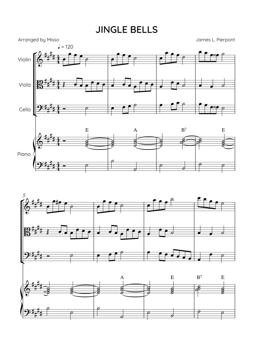 Jingle Bells - Strings Trio in E Major - Easy With Chords (arr. MissoRB) by James L. Pierpont ...