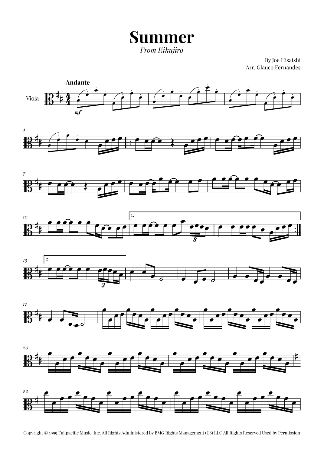 Summer (arr. Glauco Fernandes) by Joe Hisaishi Sheet Music for Viola ...