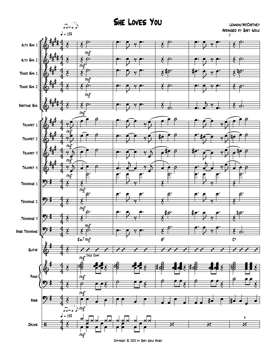 She Loves You (arr. Gary Wolk) by The Beatles Sheet Music for Jazz ...