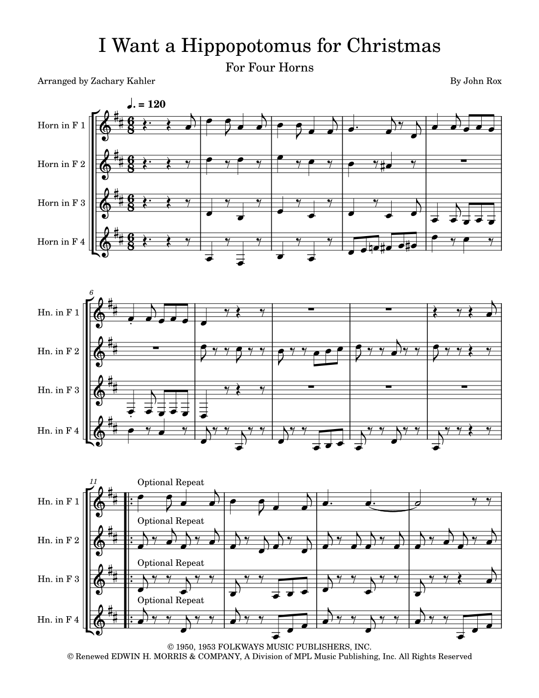 I Want A Hippopotamus For Christmas (arr. Zachary Kahler) by John Rox ...