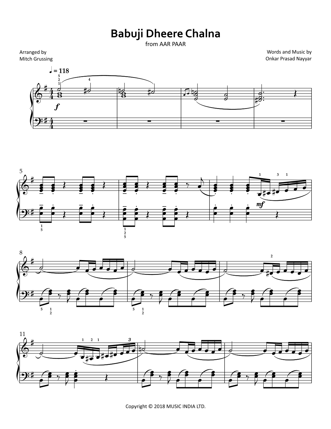 Babuji Dheere Chalna (arr. Mitch Grussing) by Various Artist Sheet ...